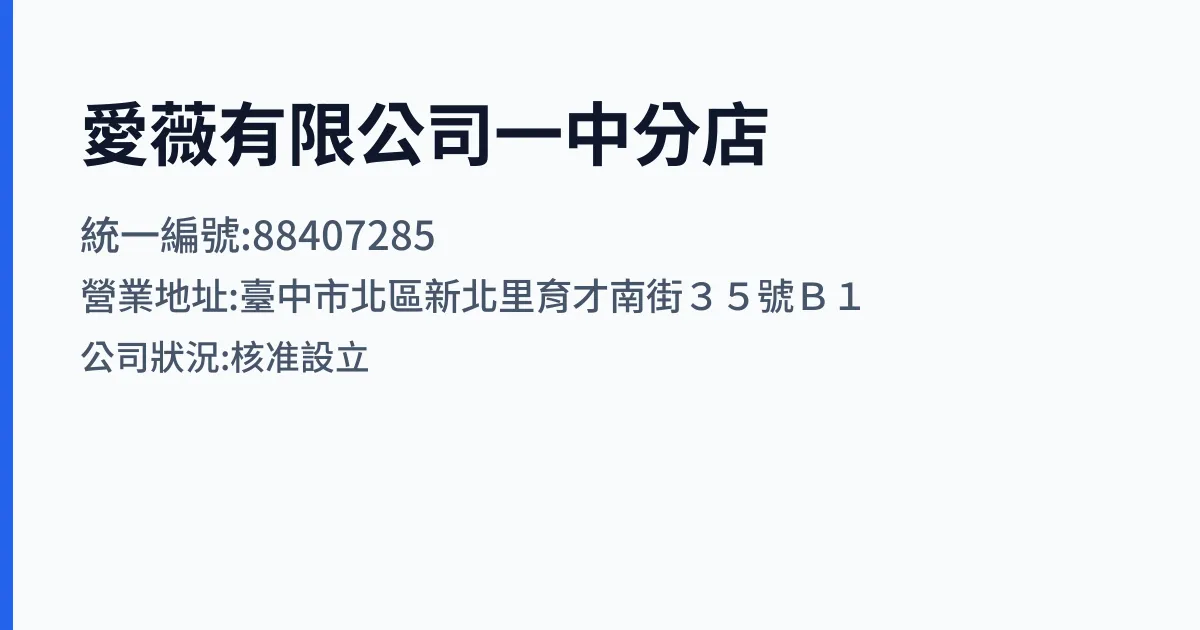 愛薇有限公司一中分店 - 統編 88407285(臺中市) 公司登記資料與營業項目詳細圖表