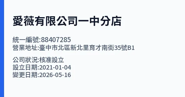 愛薇有限公司一中分店的照片-統編 88407285(臺中市) 公司登記資料與營業項目詳細圖表