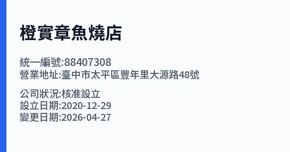 橙實章魚燒店的照片-統編 88407308(臺中市) 公司登記資料與營業項目詳細圖表