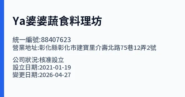 Ya婆婆蔬食料理坊的照片-統編 88407623(彰化縣) 公司登記資料與營業項目詳細圖表