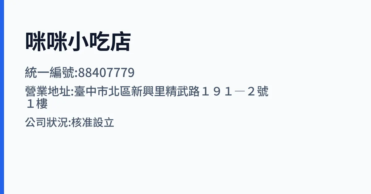 咪咪小吃店 - 統編 88407779(臺中市) 公司登記資料與營業項目詳細圖表