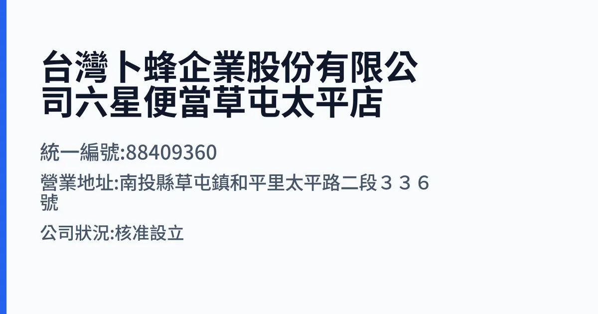 台灣卜蜂企業股份有限公司六星便當草屯太平店 - 統編 88409360(南投縣) 公司登記資料與營業項目詳細圖表