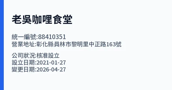 老吳咖哩食堂的照片-統編 88410351(彰化縣) 公司登記資料與營業項目詳細圖表