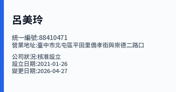 呂美玲的照片-統編 88410471(臺中市) 公司登記資料與營業項目詳細圖表