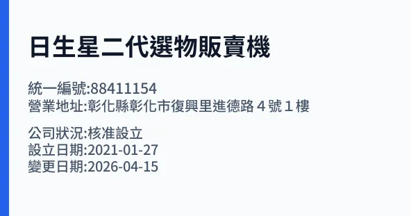 日生星二代選物販賣機的照片-統編 88411154(彰化縣) 公司登記資料與營業項目詳細圖表