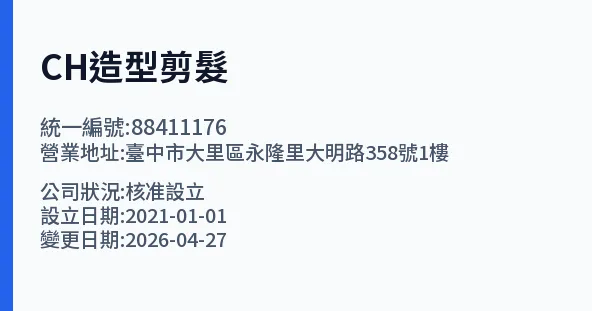 CH造型剪髮的照片-統編 88411176(臺中市) 公司登記資料與營業項目詳細圖表