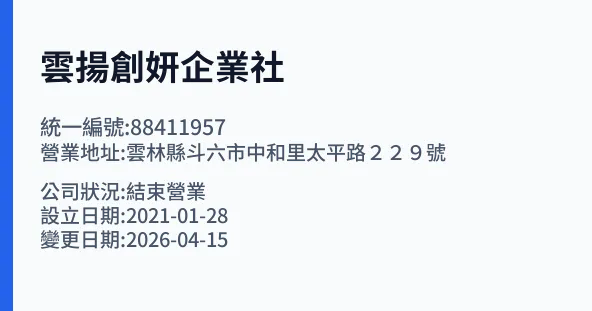 雲揚創妍企業社的照片-統編 88411957(雲林縣) 公司登記資料與營業項目詳細圖表