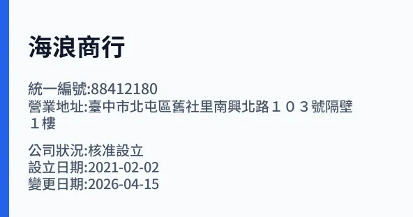 海浪商行的照片-統編 88412180(臺中市) 公司登記資料與營業項目詳細圖表