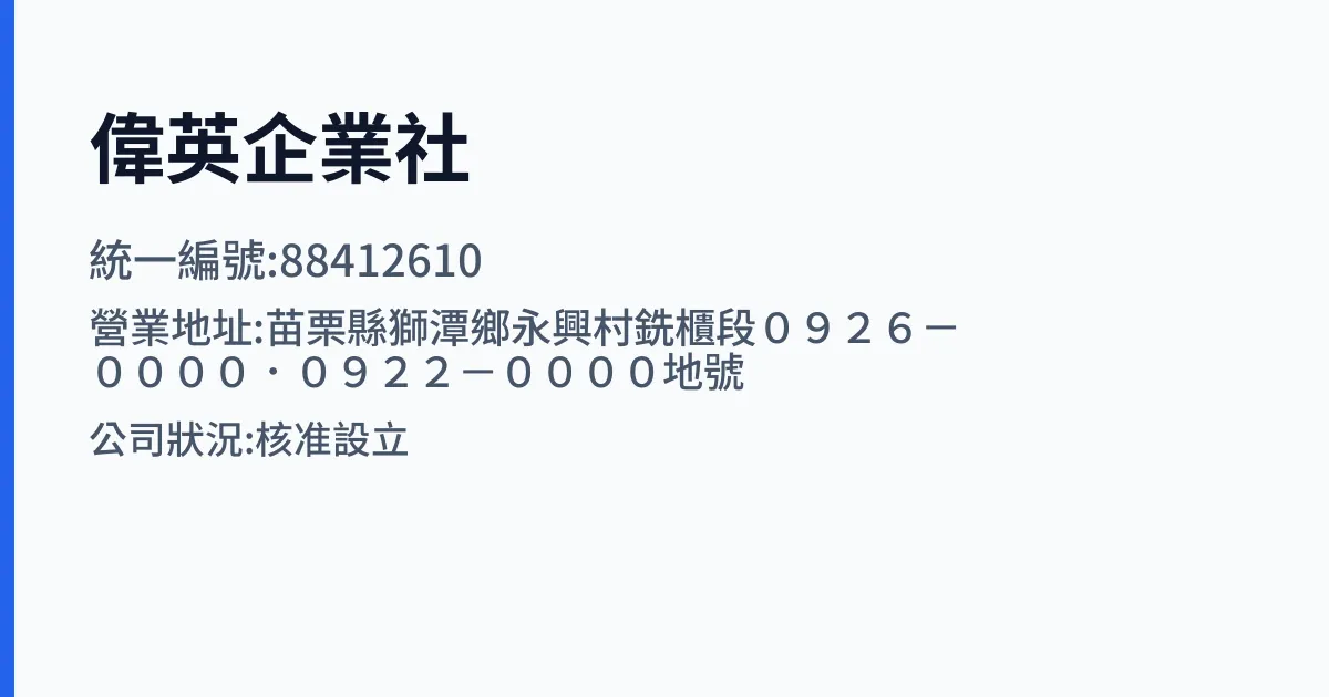 偉英企業社 - 統編 88412610(苗栗縣) 公司登記資料與營業項目詳細圖表