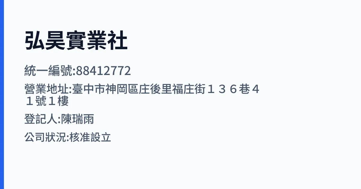 弘昊實業社 - 統編 88412772(臺中市) 公司登記資料與營業項目詳細圖表