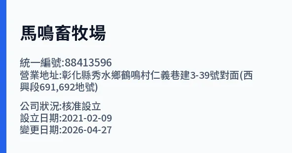 馬鳴畜牧場的照片-統編 88413596(彰化縣) 公司登記資料與營業項目詳細圖表