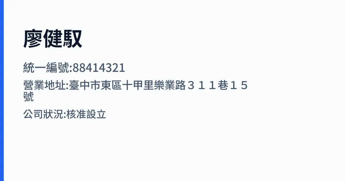 廖健馭 - 統編 88414321(臺中市) 公司登記資料與營業項目詳細圖表