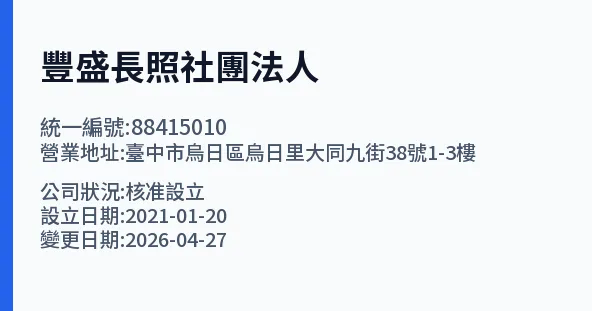 豐盛長照社團法人的照片-統編 88415010(臺中市) 公司登記資料與營業項目詳細圖表