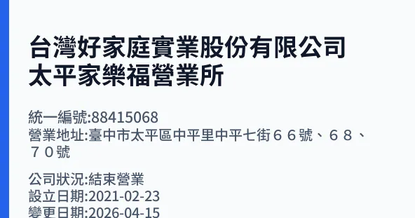 台灣好家庭實業股份有限公司太平家樂福營業所的照片-統編 88415068(臺中市) 公司登記資料與營業項目詳細圖表