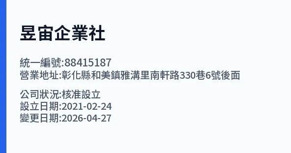 昱宙企業社的照片-統編 88415187(彰化縣) 公司登記資料與營業項目詳細圖表