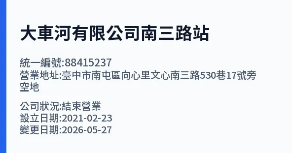 大車河有限公司南三路站的照片-統編 88415237(臺中市) 公司登記資料與營業項目詳細圖表