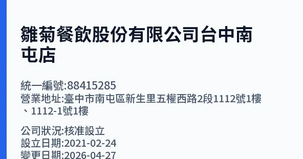 雛菊餐飲股份有限公司台中南屯店的照片-統編 88415285(臺中市) 公司登記資料與營業項目詳細圖表