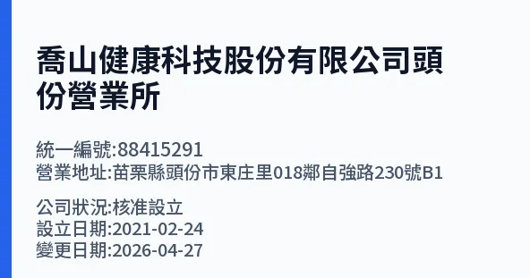 喬山健康科技股份有限公司頭份營業所的照片-統編 88415291(苗栗縣) 公司登記資料與營業項目詳細圖表