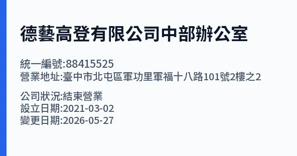 德藝高登有限公司中部辦公室的照片-統編 88415525(臺中市) 公司登記資料與營業項目詳細圖表