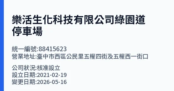 樂活生化科技有限公司綠園道停車場的照片-統編 88415623(臺中市) 公司登記資料與營業項目詳細圖表