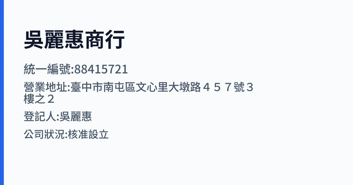 吳麗惠商行 - 統編 88415721(臺中市) 公司登記資料與營業項目詳細圖表
