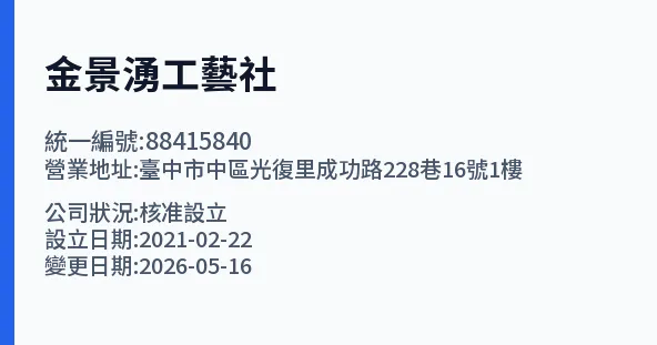 金景湧工藝社的照片-統編 88415840(臺中市) 公司登記資料與營業項目詳細圖表