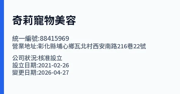 奇莉寵物美容的照片-統編 88415969(彰化縣) 公司登記資料與營業項目詳細圖表