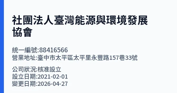 社團法人臺灣能源與環境發展協會的照片-統編 88416566(臺中市) 公司登記資料與營業項目詳細圖表