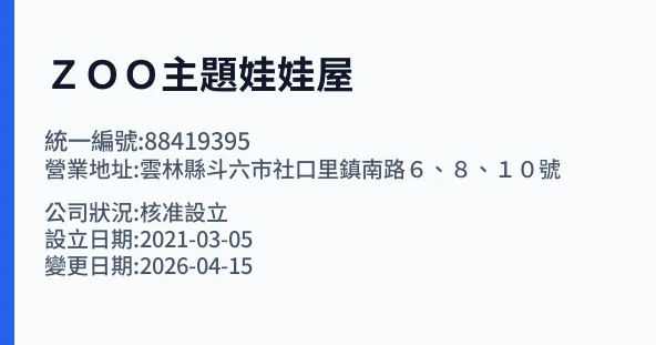 ＺＯＯ主題娃娃屋的照片-統編 88419395(雲林縣) 公司登記資料與營業項目詳細圖表