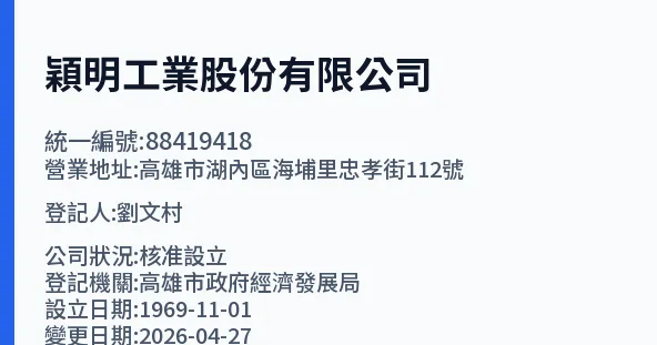 穎明工業股份有限公司的照片-統編 88419418(高雄市) 公司登記資料與營業項目詳細圖表