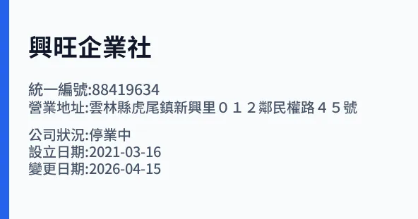 興旺企業社的照片-統編 88419634(雲林縣) 公司登記資料與營業項目詳細圖表
