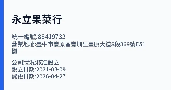永立果菜行的照片-統編 88419732(臺中市) 公司登記資料與營業項目詳細圖表