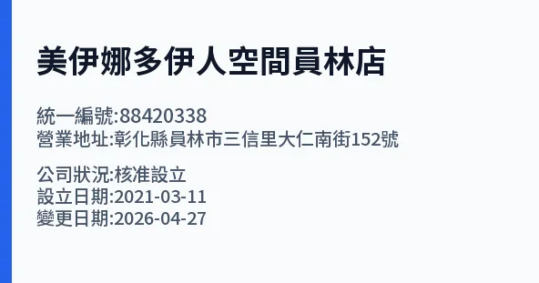 美伊娜多伊人空間員林店的照片-統編 88420338(彰化縣) 公司登記資料與營業項目詳細圖表