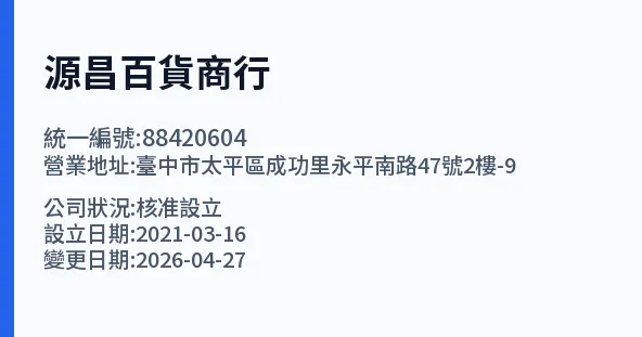 源昌百貨商行的照片-統編 88420604(臺中市) 公司登記資料與營業項目詳細圖表