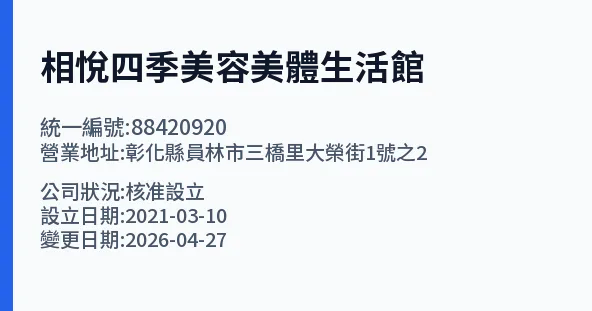 相悅四季美容美體生活館的照片-統編 88420920(彰化縣) 公司登記資料與營業項目詳細圖表