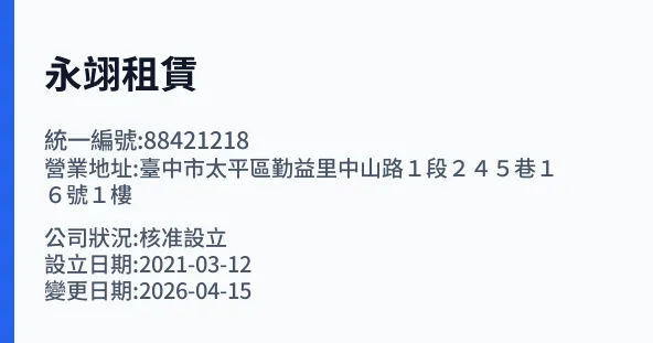 永翊租賃的照片-統編 88421218(臺中市) 公司登記資料與營業項目詳細圖表