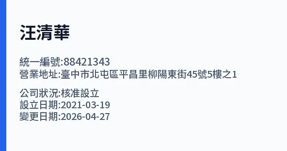 汪清華的照片-統編 88421343(臺中市) 公司登記資料與營業項目詳細圖表