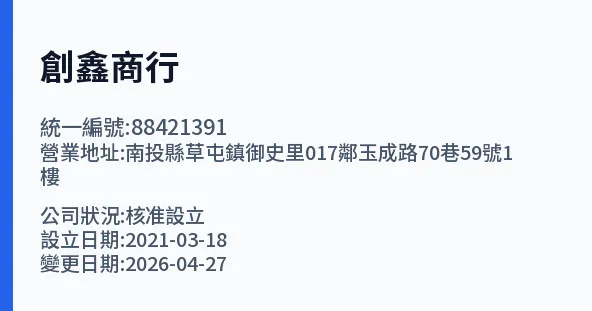創鑫商行的照片-統編 88421391(南投縣) 公司登記資料與營業項目詳細圖表