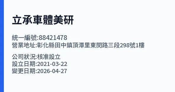 立承車體美研的照片-統編 88421478(彰化縣) 公司登記資料與營業項目詳細圖表