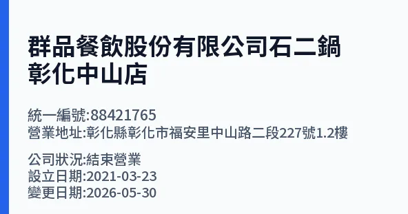 群品餐飲股份有限公司石二鍋彰化中山店的照片-統編 88421765(彰化縣) 公司登記資料與營業項目詳細圖表