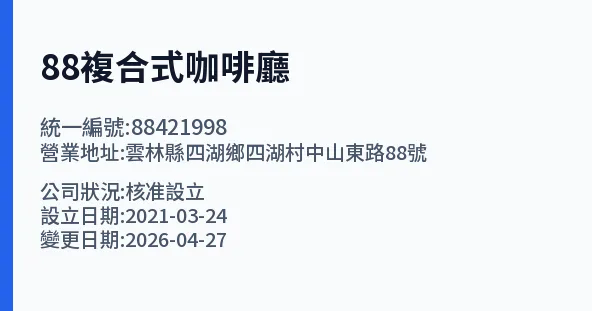 88複合式咖啡廳的照片-統編 88421998(雲林縣) 公司登記資料與營業項目詳細圖表