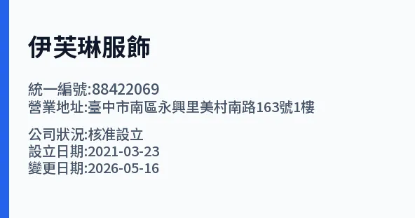 伊芙琳服飾的照片-統編 88422069(臺中市) 公司登記資料與營業項目詳細圖表