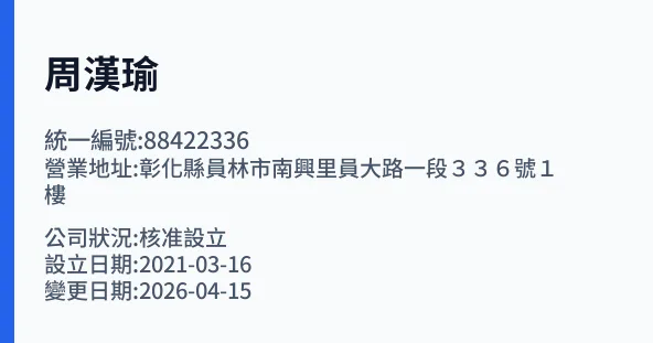 周漢瑜的照片-統編 88422336(彰化縣) 公司登記資料與營業項目詳細圖表