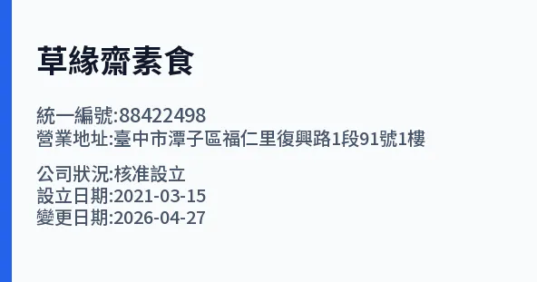 草緣齋素食的照片-統編 88422498(臺中市) 公司登記資料與營業項目詳細圖表