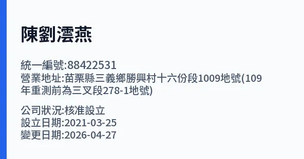 陳劉澐燕的照片-統編 88422531(苗栗縣) 公司登記資料與營業項目詳細圖表