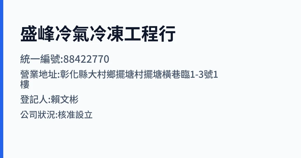 盛峰冷氣冷凍工程行 - 統編 88422770(彰化縣) 公司登記資料與營業項目詳細圖表
