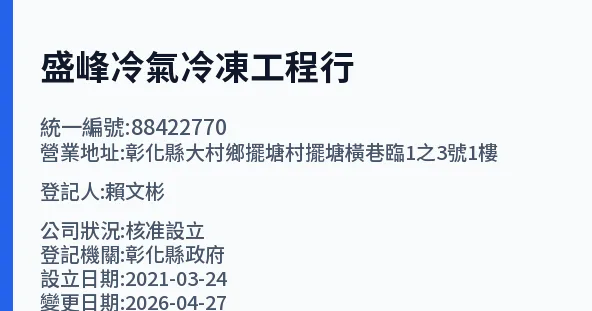 盛峰冷氣冷凍工程行的照片-統編 88422770(彰化縣) 公司登記資料與營業項目詳細圖表