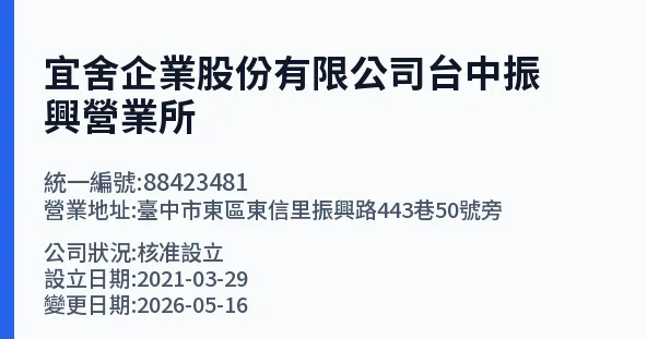 宜舍企業股份有限公司台中振興營業所的照片-統編 88423481(臺中市) 公司登記資料與營業項目詳細圖表
