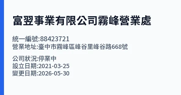 富翌事業有限公司霧峰營業處的照片-統編 88423721(臺中市) 公司登記資料與營業項目詳細圖表