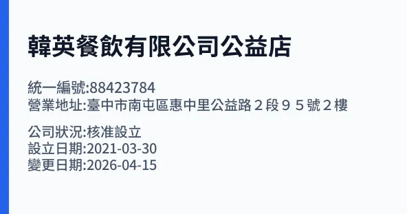 韓英餐飲有限公司公益店的照片-統編 88423784(臺中市) 公司登記資料與營業項目詳細圖表